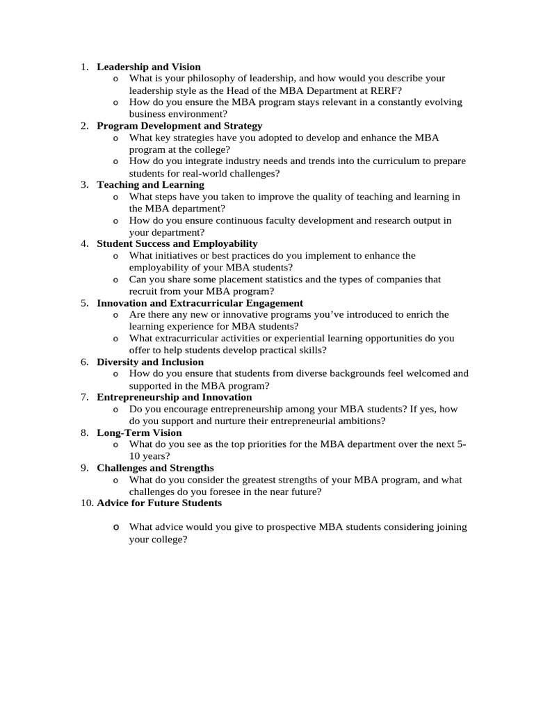 Interview Questionnaire HOD-MBA RERF | PDF