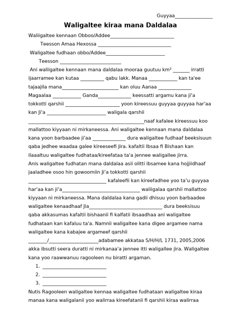 Waliigaltee Mana Kiraa Daldalaa | PDF