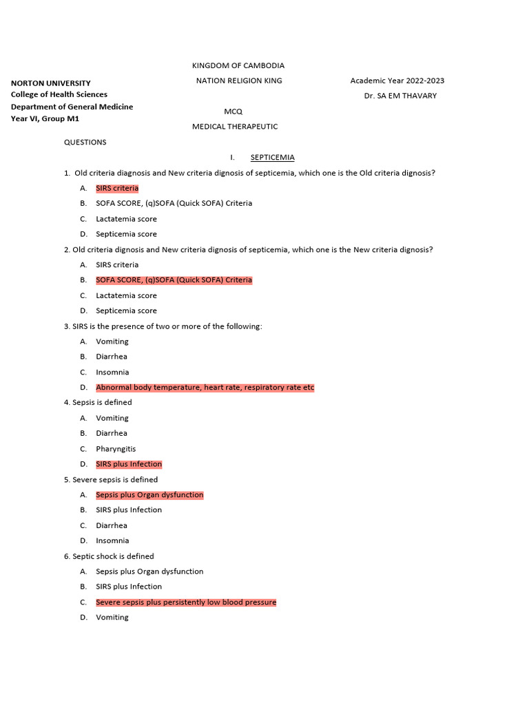 MCQ Questions of Med - Therapy 2 | PDF | Hepatitis B | Sepsis
