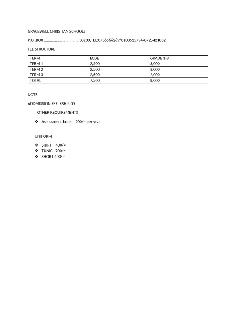 Gracewell Christian Schools Fee Structure | PDF
