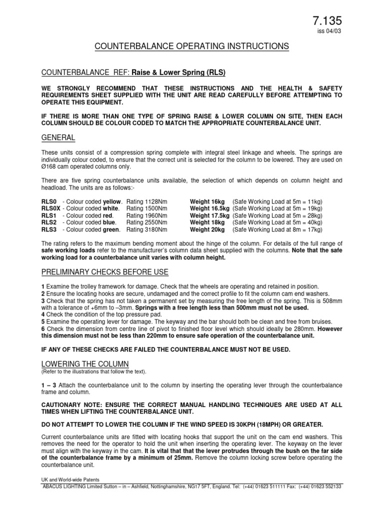Counterbalance Operating Instructions Spring Rls | PDF | Mechanical ...