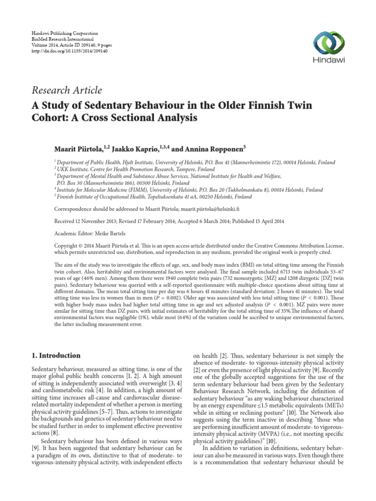 Sedentary Behaviour Questionnaire | PDF | Twin