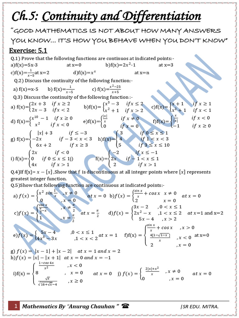 CONTINUITY AND DIFFERENTIABLITY SHEET | PDF | Elementary Mathematics ...