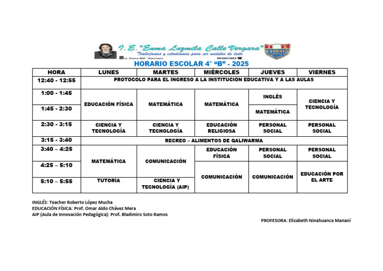 Horario Escolar 4° B - 2025 | PDF