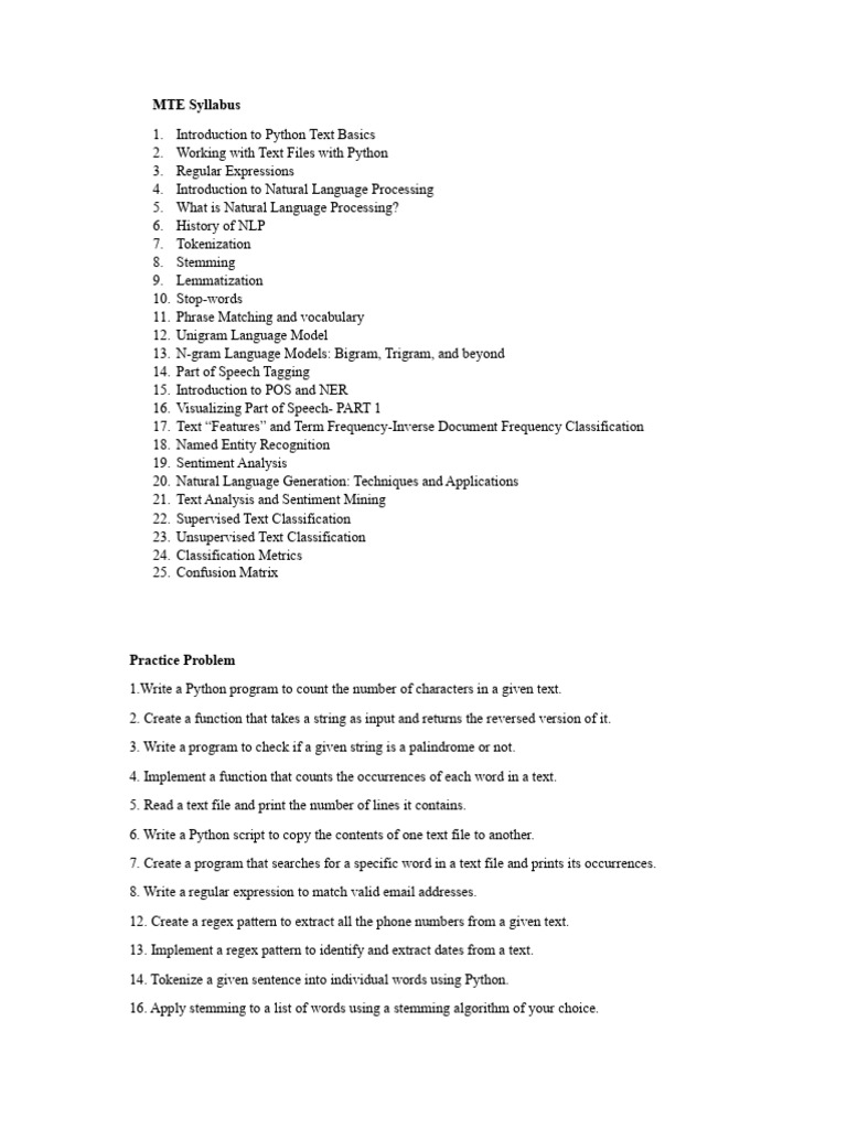 NLP MTE syllabus and Practice Problems (2) | PDF | Statistical Classification | Regular Expression