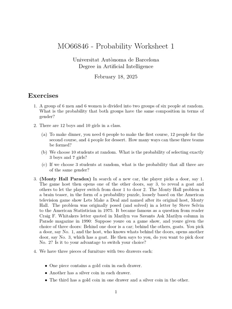 Worksheet 1 Probability and Statistics | PDF