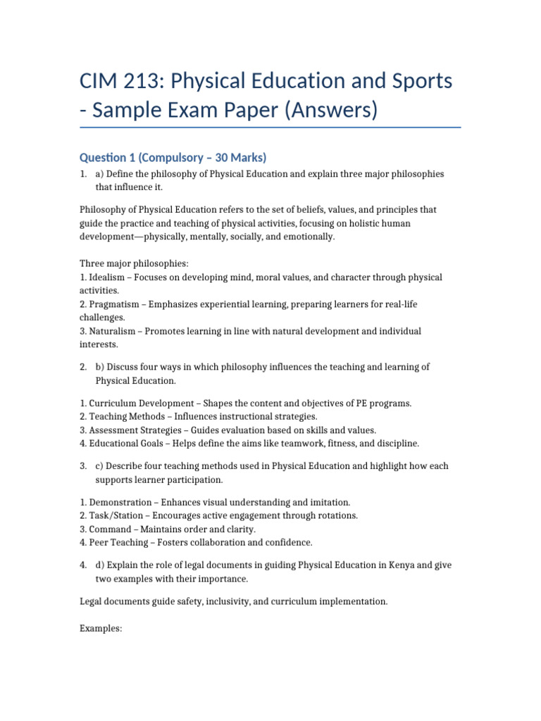 CIM 213 PE Sample Paper Answers Complete | PDF | Physical Education | Swimming