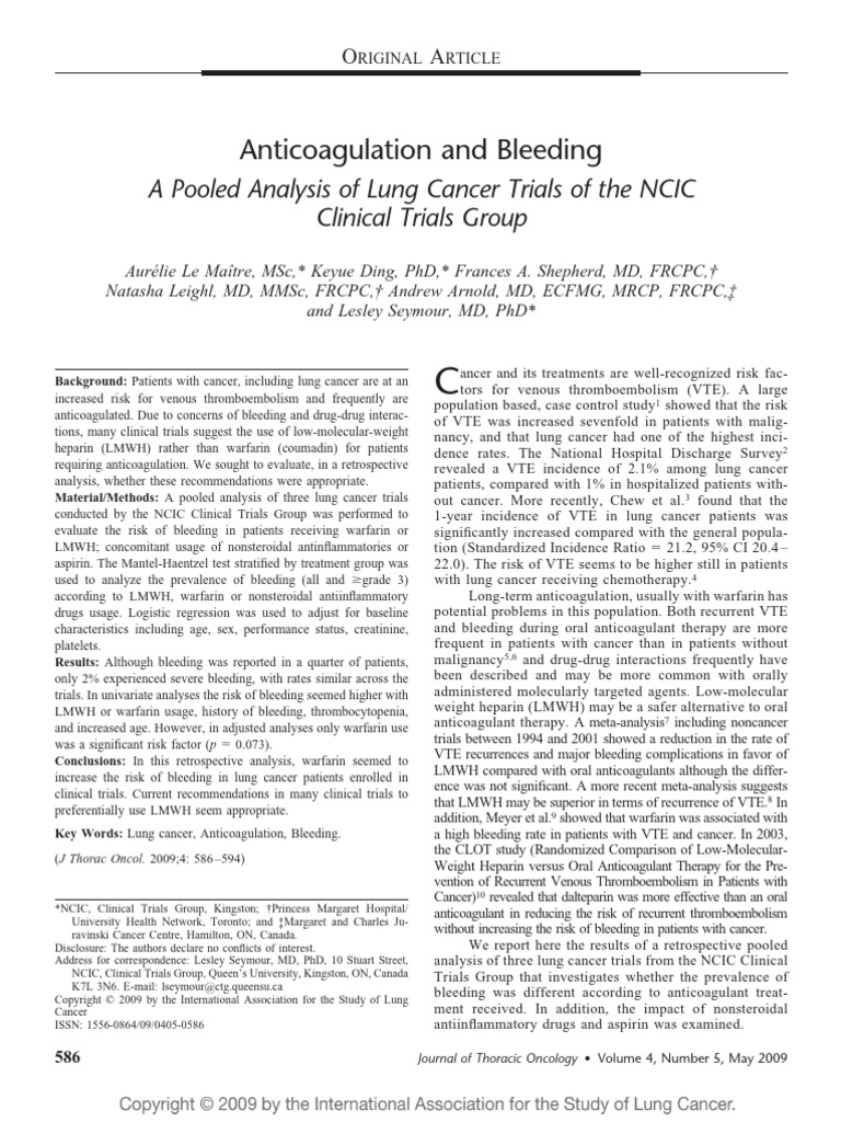 Anticoagulation and Bleeding A Pooled Analysis of Lung 2009 Journal of ...