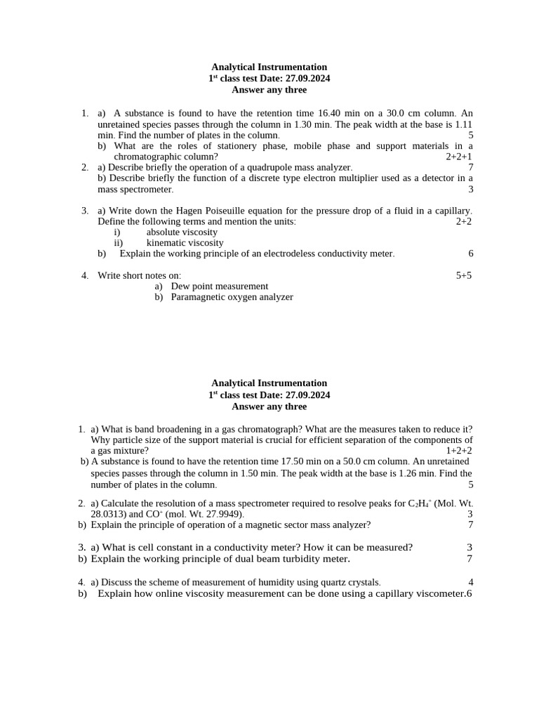Analytical Instrumentation 1st calss test 2024 | PDF | Mass ...