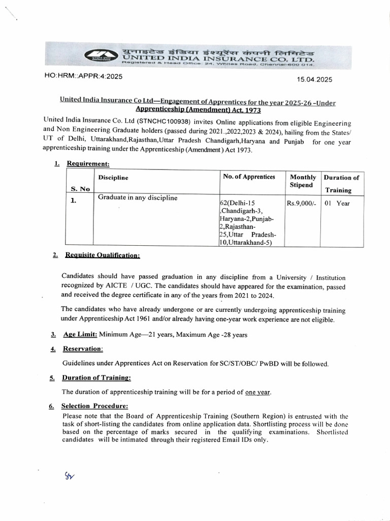 UIIC 62 Apprentice Notification 2025 | PDF | Apprenticeship