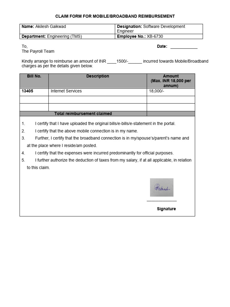 Mobile/Broadband Reimbursement Claim Form | PDF