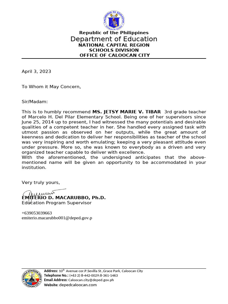 DR Macarubbo Rference Letter | PDF