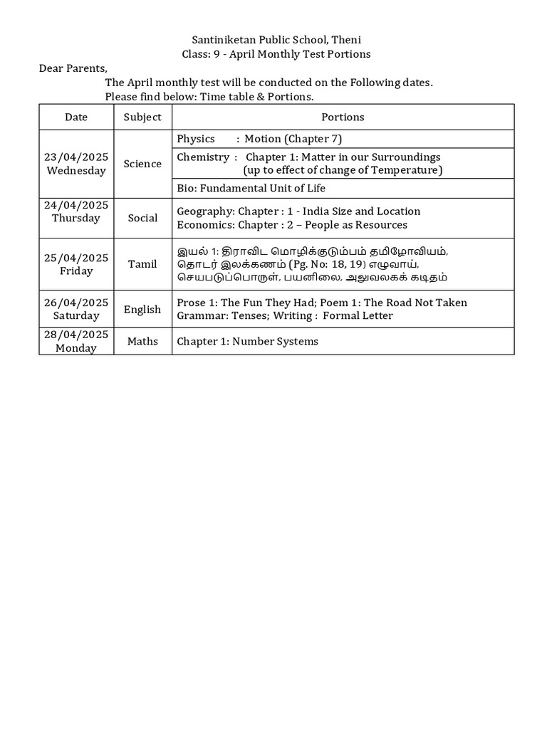 Class 9 Time Table With Portions | PDF