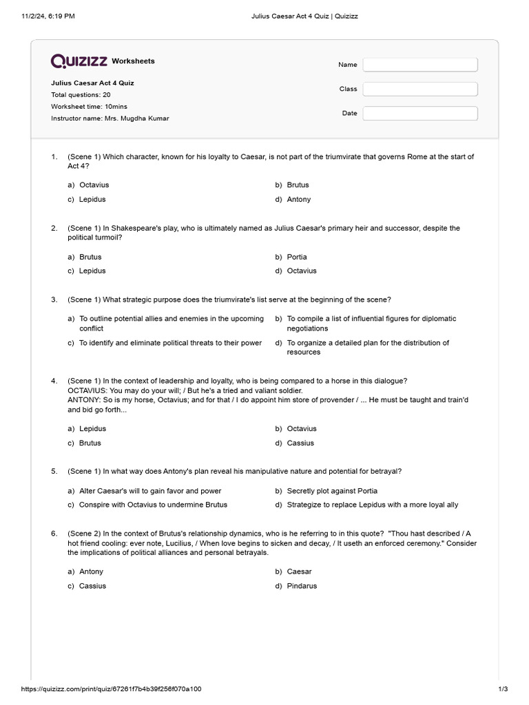 Julius Caesar, Act 4, Worksheet | PDF | Mark Antony | Augustus