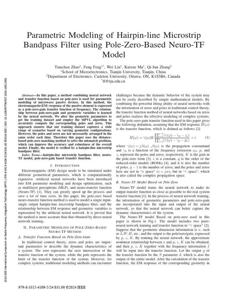 Parametric Modeling of Hairpin-Line Microstrip Bandpass Filter Using Pole-Zero-Based Neuro-TF ...