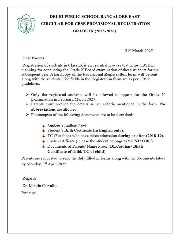 2065 Grade Ix-Cbse Provisional Registration Circular 2025-2026 | PDF