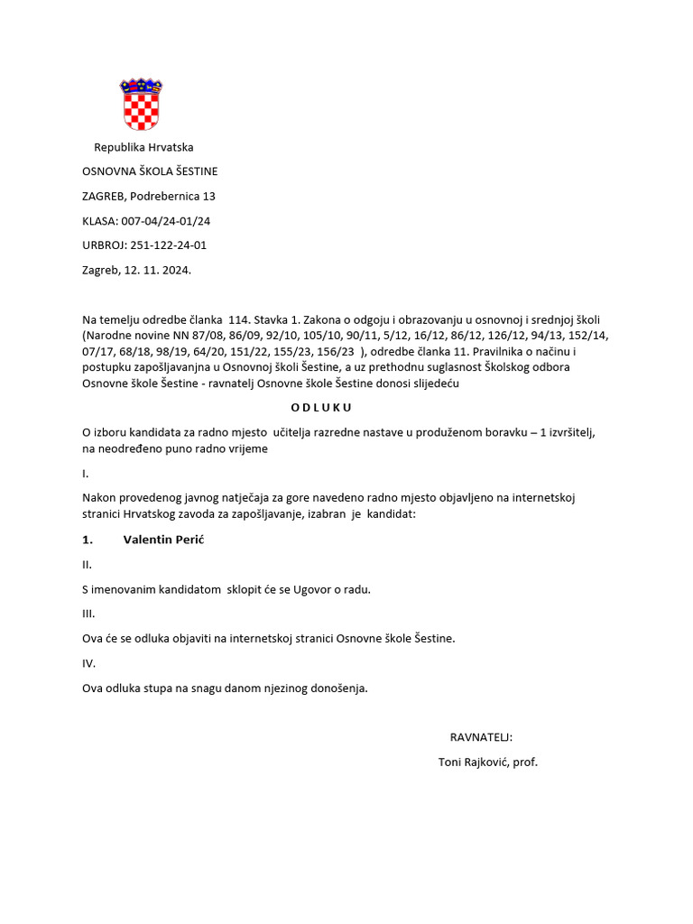 Natjecaj (Odluka) - Ucitelj Razredne Nastave U P.B | PDF