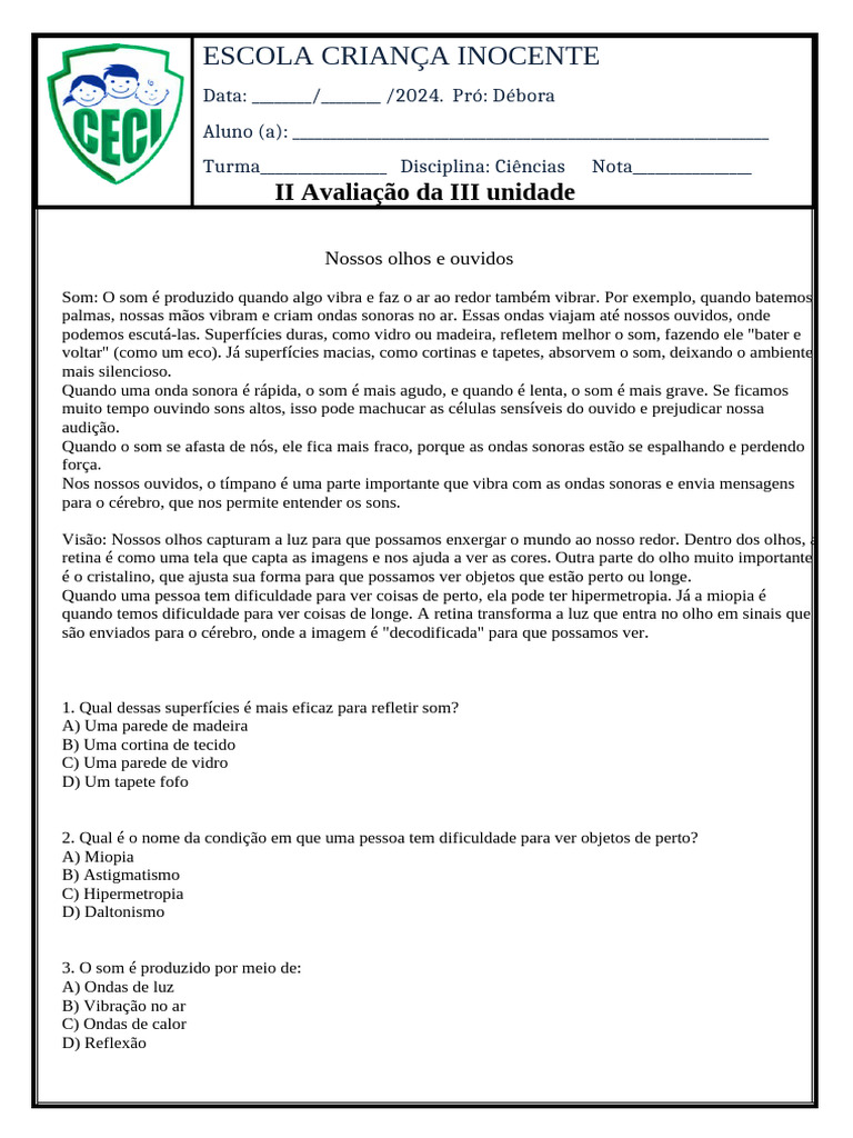 Prova de Hist. 4ANO III | PDF | Som | Olho