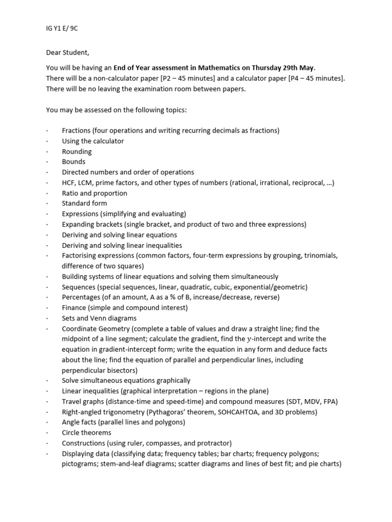 Kami Export - Extended Student EOY Exam Letter (IGCSE Y1 0580 Ext. Y10) | PDF | Equations | Geometry