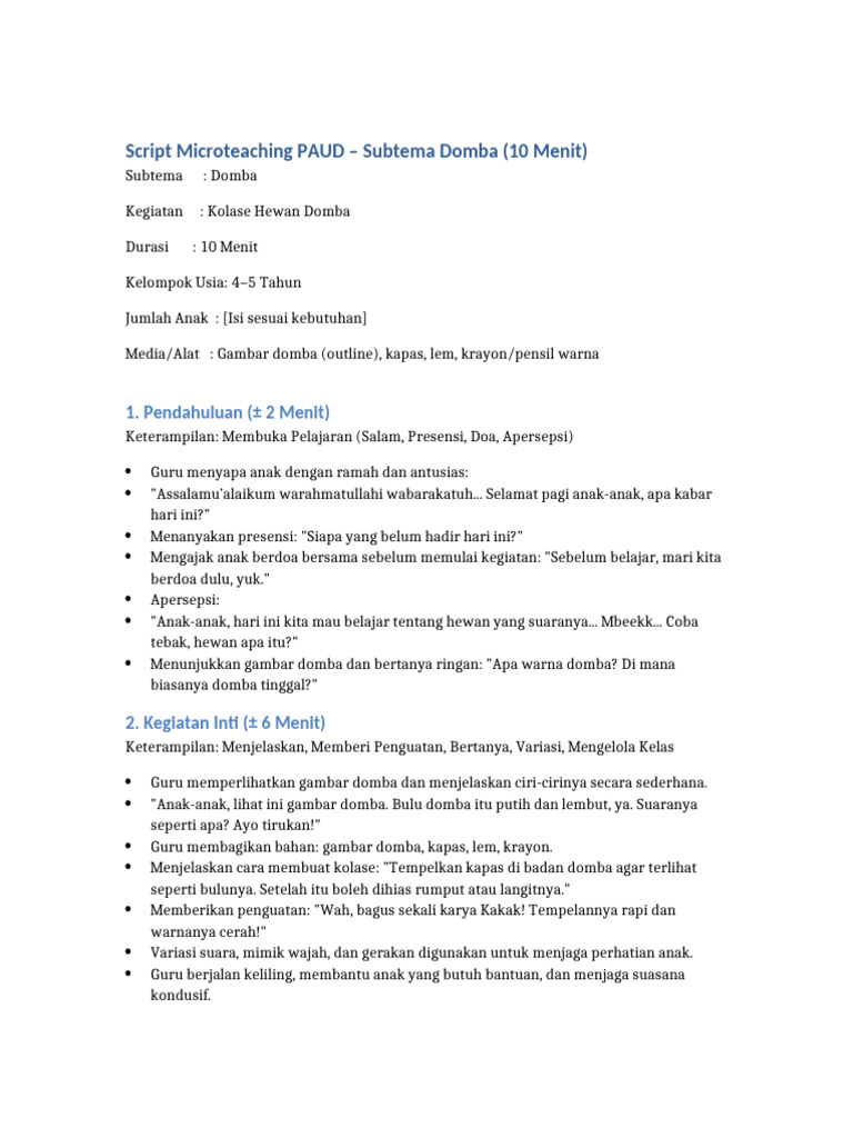 Script Microteaching PAUD Domba 10Menit | PDF