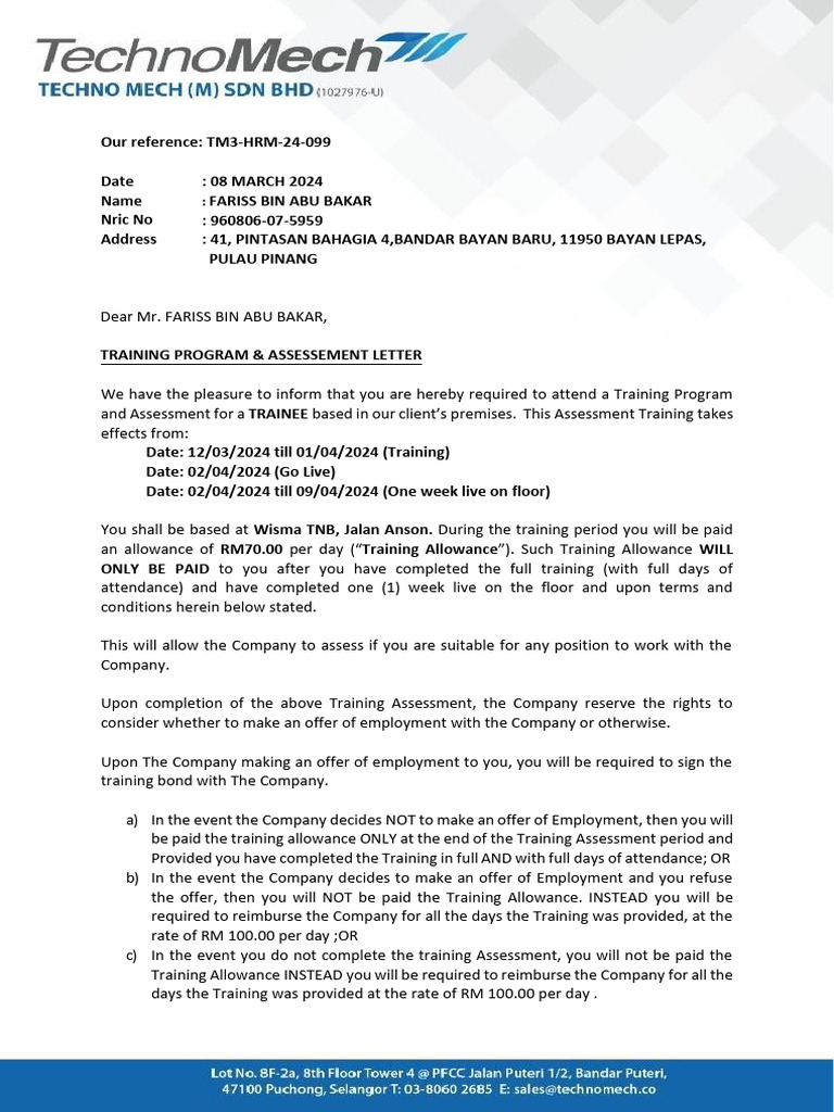 Training Program Assessment Letter | PDF | Business | Private Law