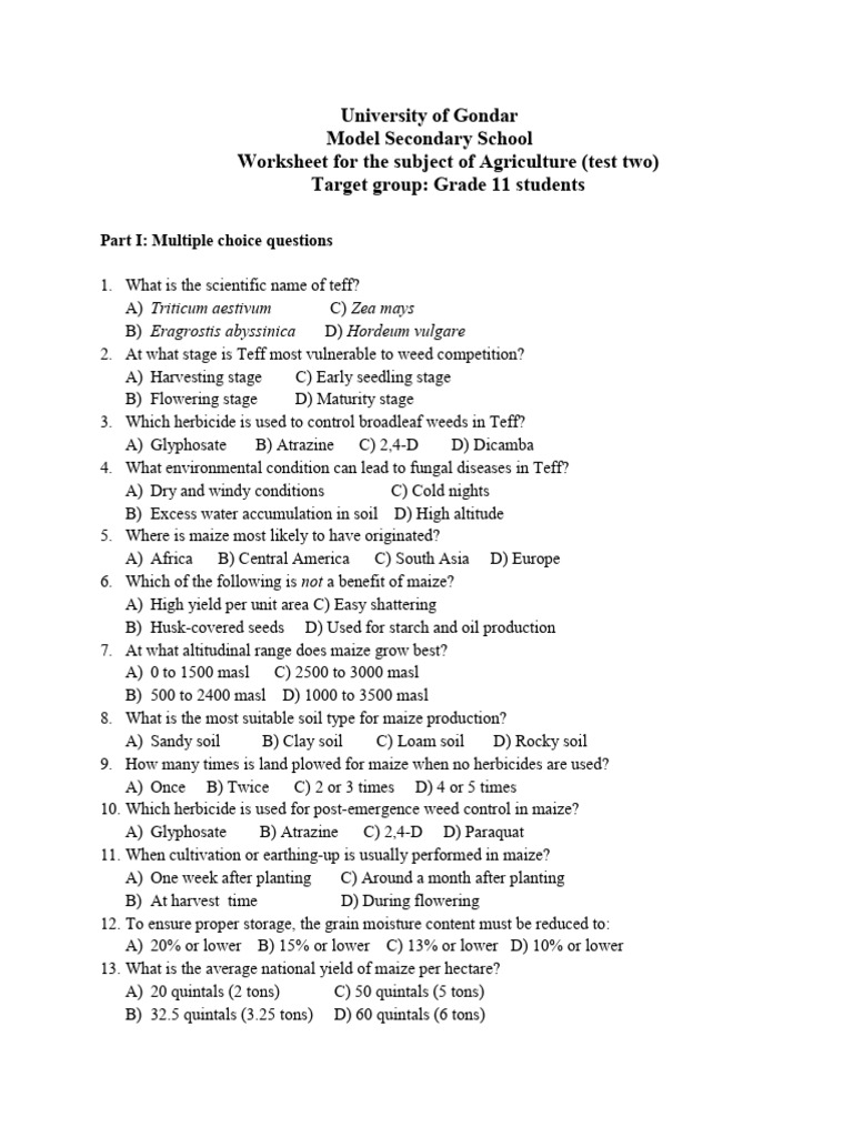 Grade 11 Agriculture Worksheet | PDF | Cereals | Maize