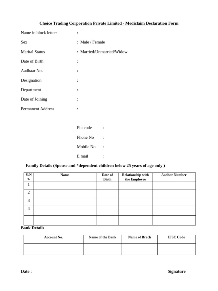Mediclaim Declaration Form | PDF