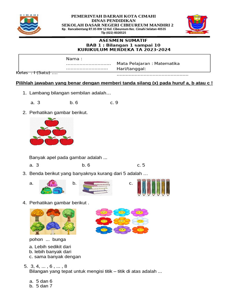 Asesmen sumatif matematika bab 1 | PDF