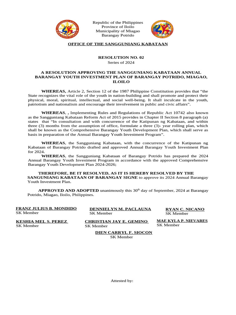 Reso_SK_2024_Approving_ABYIP_Potrido | PDF | Government