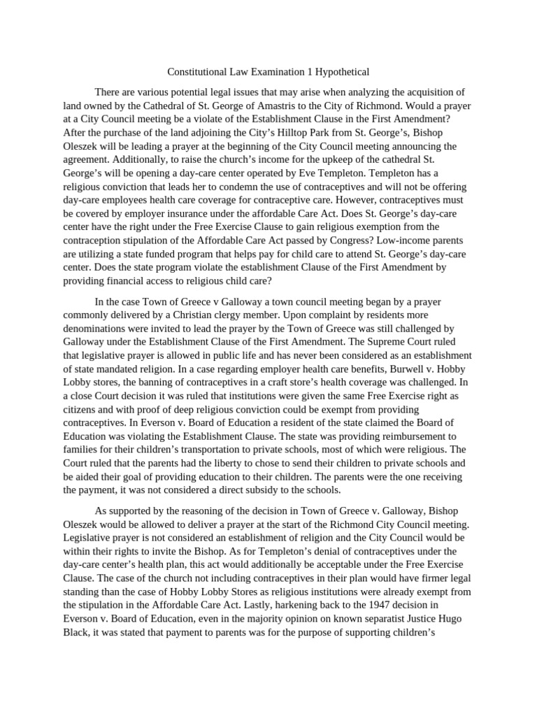 Constitutional Law Examination 1 Hypothetical | PDF | Establishment ...