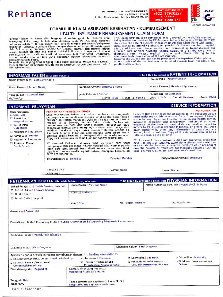 Form Klaim Reliance Rawat Inap | PDF