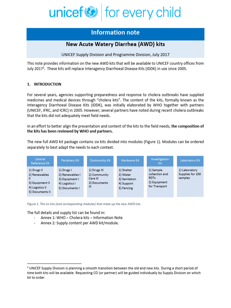 Acute Watery Diarrhoea AWD Kits Information Note | PDF | Diarrhea | Cholera