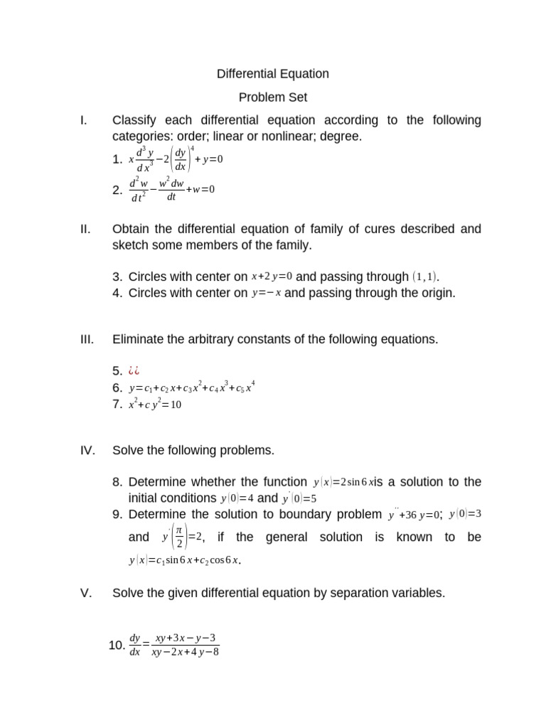 Differential Equation Problem Set | PDF | Equations | Differential ...