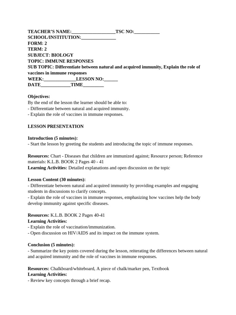 Form 2 Biology Lesson Plans Term 2 | PDF | Exhalation | Respiratory System
