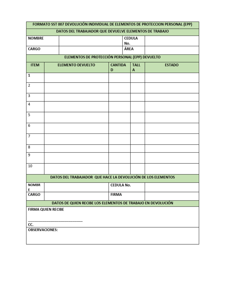 Formato Sst 007 Formato Devolución Epps | PDF