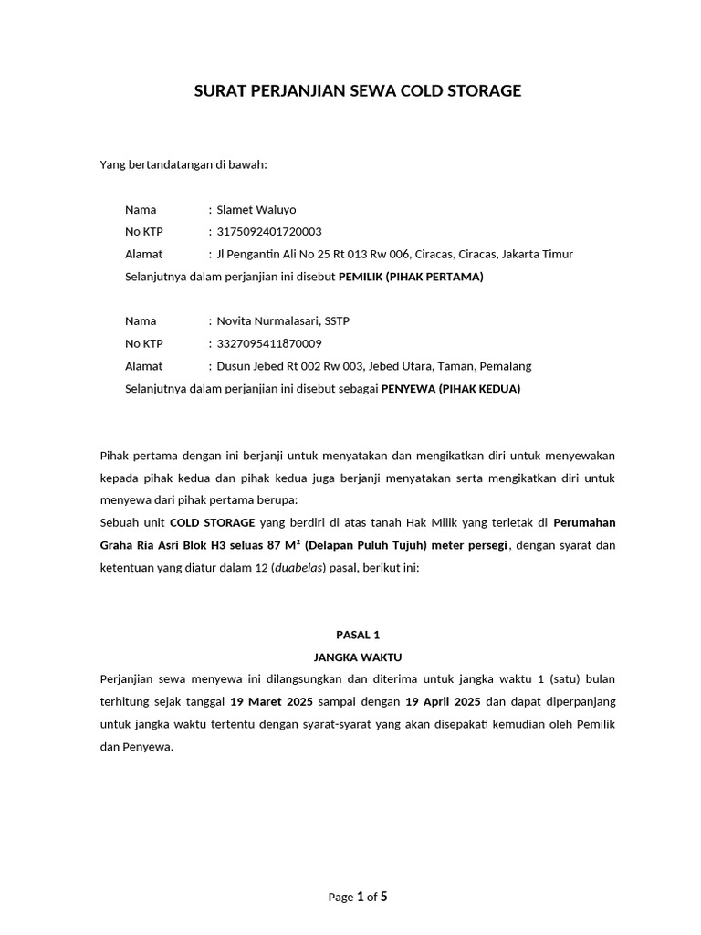 Surat Perjanjian Sewa Cold Storage | PDF
