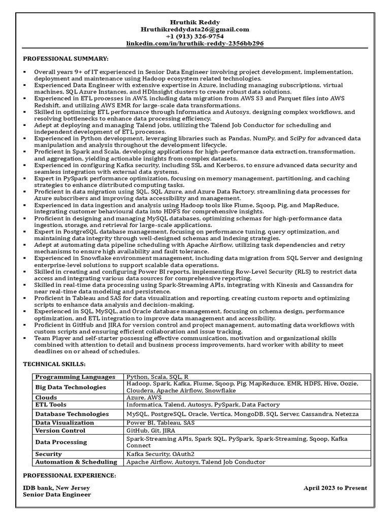 Senior Data Engineer Profile Summary | PDF | Apache Spark | Databases