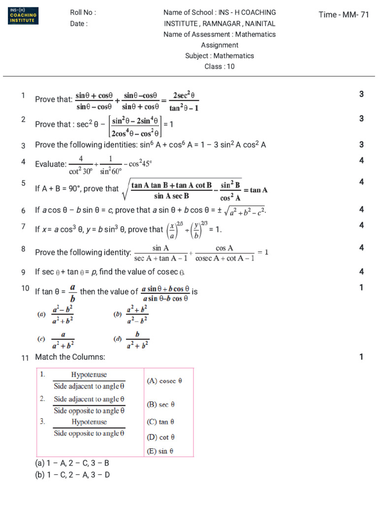Class 10 Trigonometry Test Paper | PDF | Trigonometric Functions ...