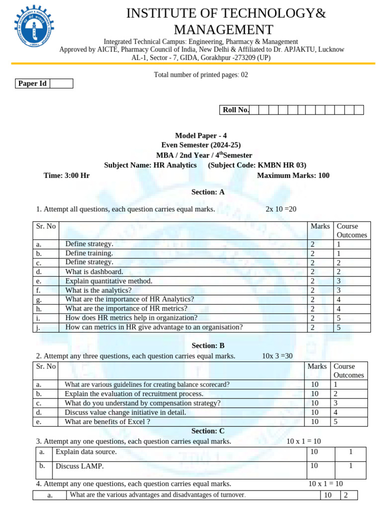 HR Analytics Model Question Paper | PDF | Business