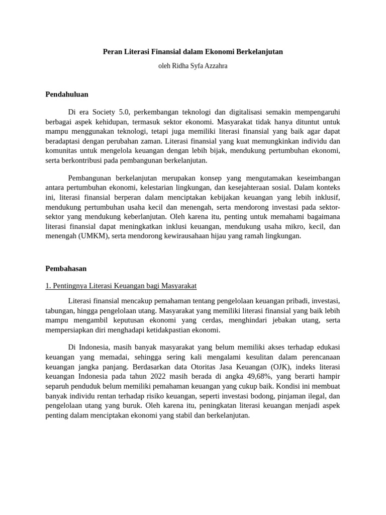 Peran Literasi Finansial Dalam Ekonomi Berkelanjutan | PDF