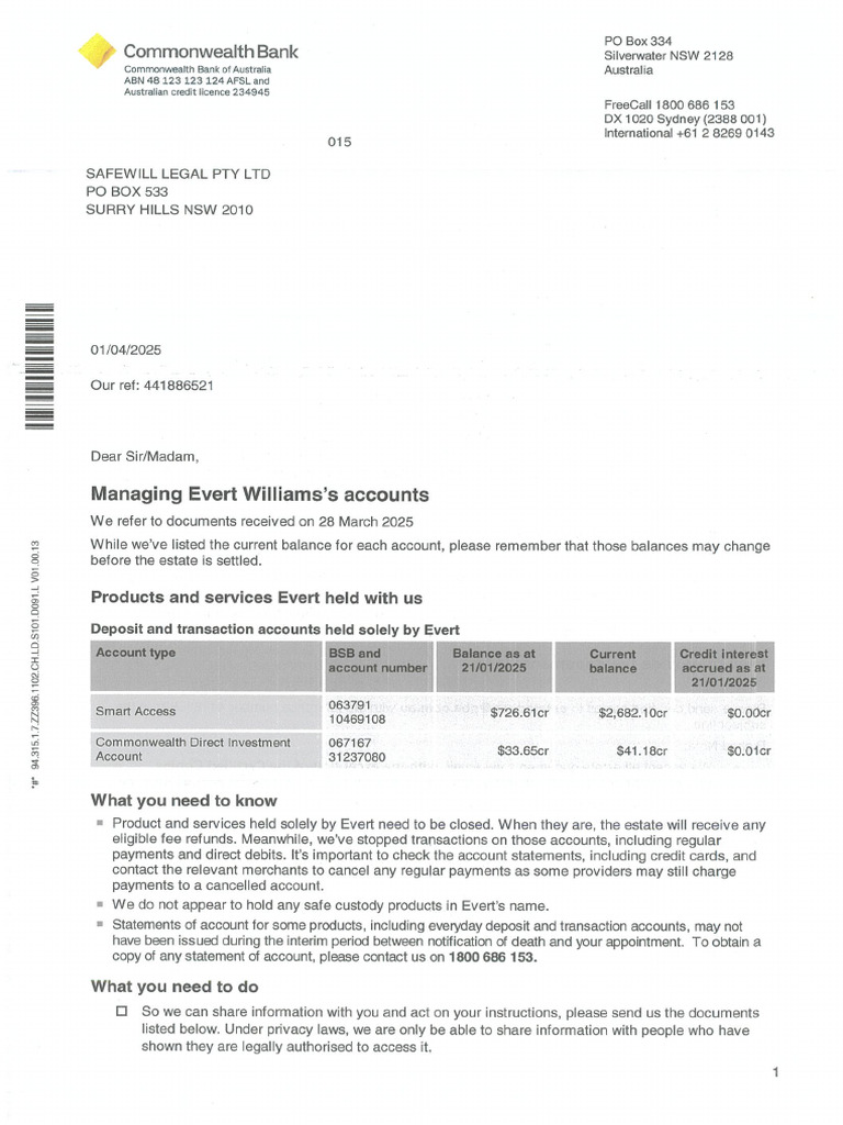 Letter From CBA Re Accounts Held | PDF