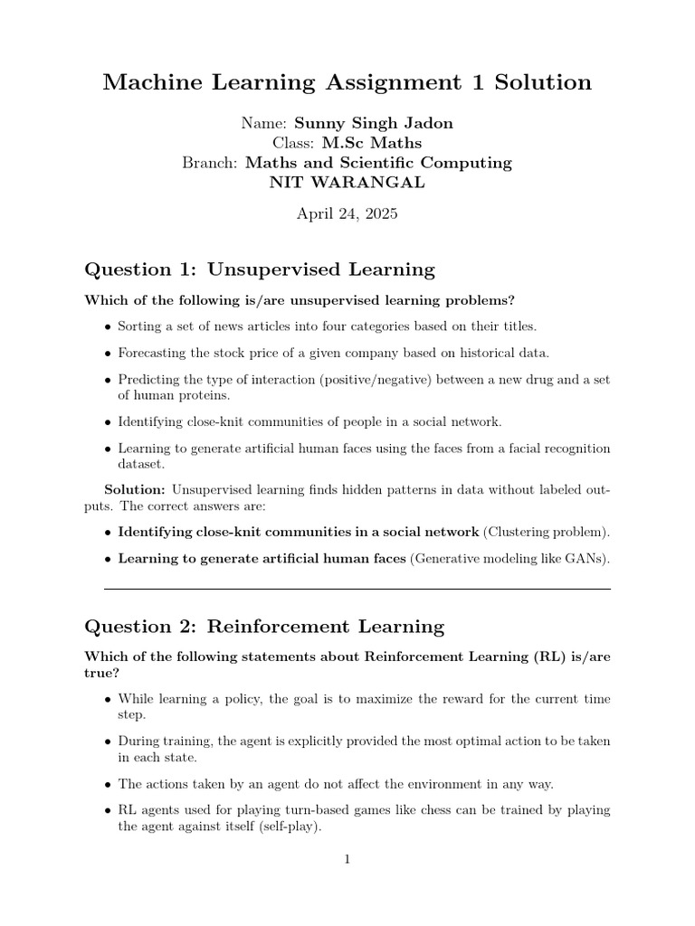Machine Learning Assignment Solutions | PDF | Linear Regression | Mean ...