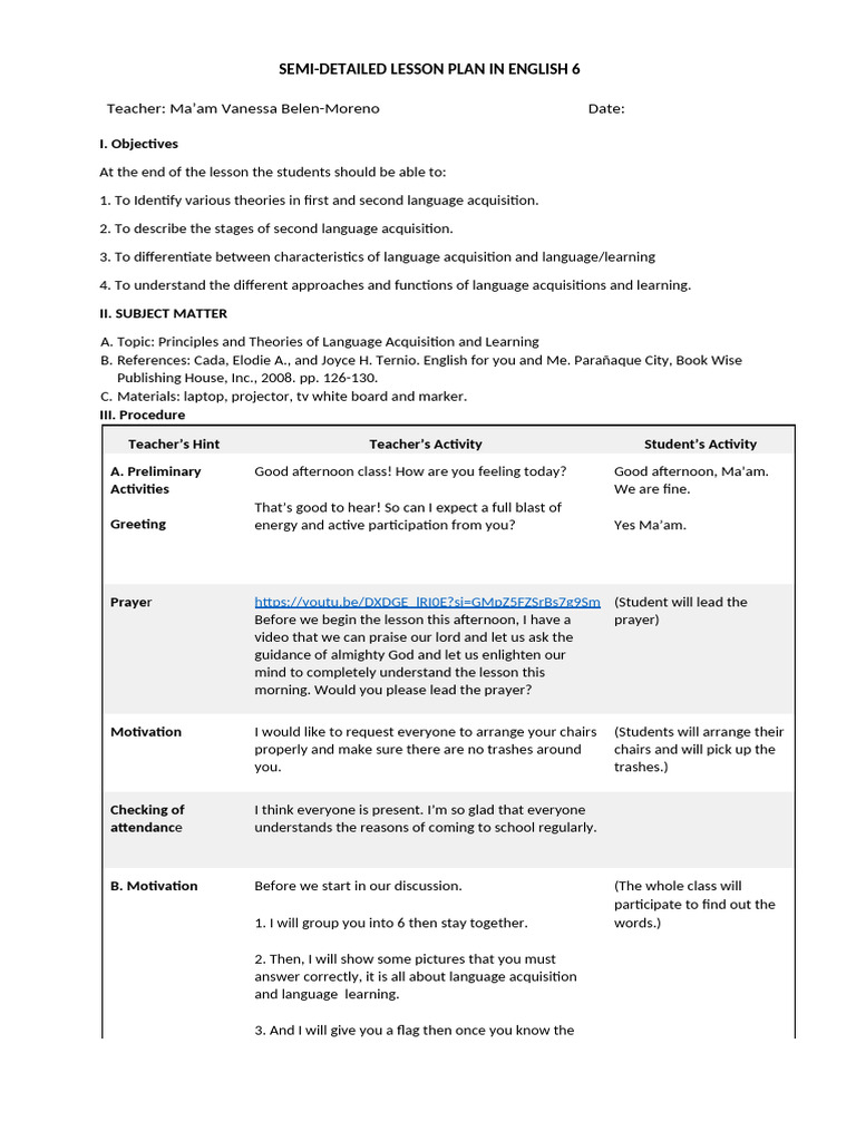 Sample Detailed Lesson Plan in English 6 Ni LOREN | PDF