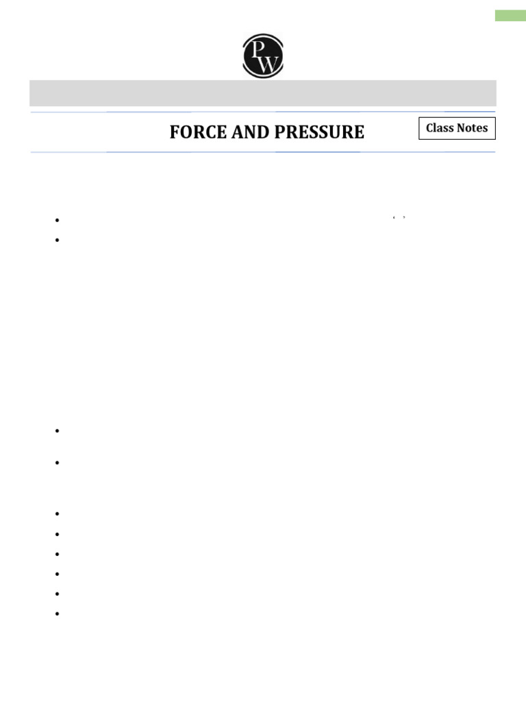 Force and Pressure - Short Notes Physics | PDF | Force | Pressure