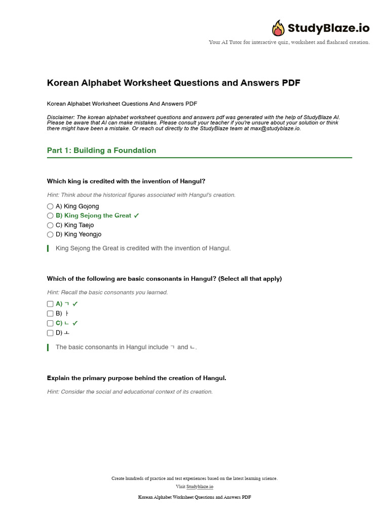 Korean Alphabet Worksheet Questions and Answers PDF | PDF | Syllable ...