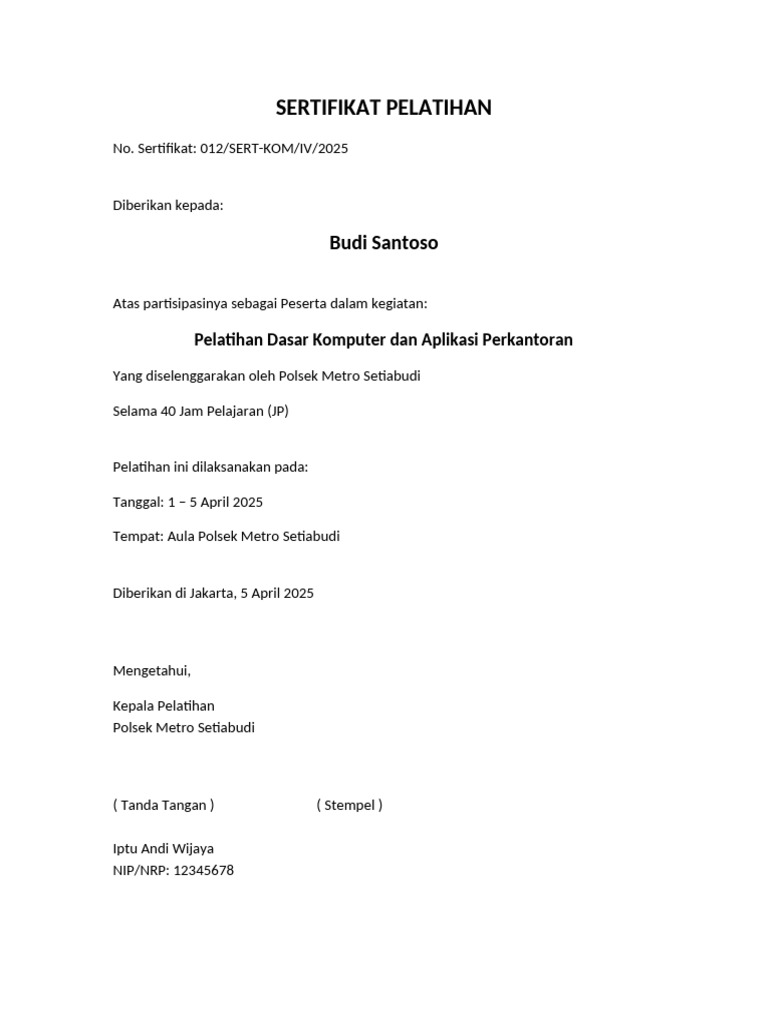 Sertifikat Pelatihan Komputer TT Stempel | PDF