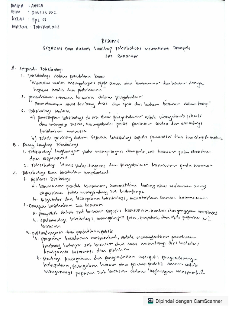 ANISA D1B123002_Resume sejarah dan ruang lingkup toksikologi | PDF