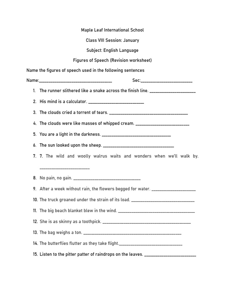Figures of Speech Worksheet for Class VIII | PDF