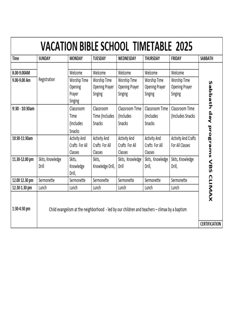 VBS 2025 Timetable and Schedule | PDF