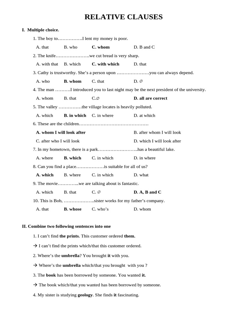 Mastering Relative Clauses Exercises | PDF